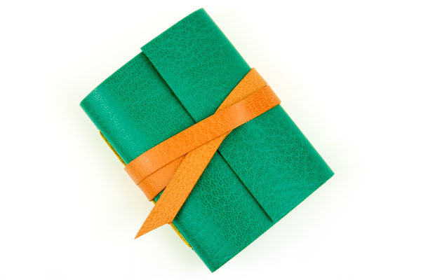 Miniature Leather Journal: Emerald & Peach with superfine paper - BOUND