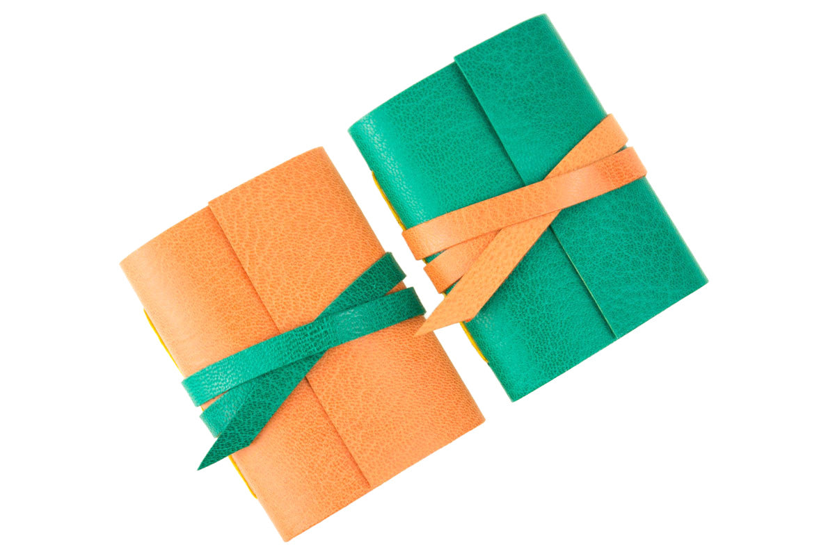 Miniature Leather Journal: Emerald & Peach with superfine paper - BOUND